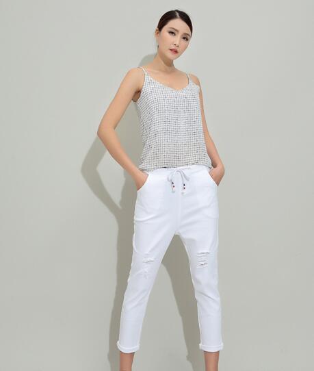 Female Fashion Ha Round Pants White Tether Holes Solid Color Jeans 2017 ...