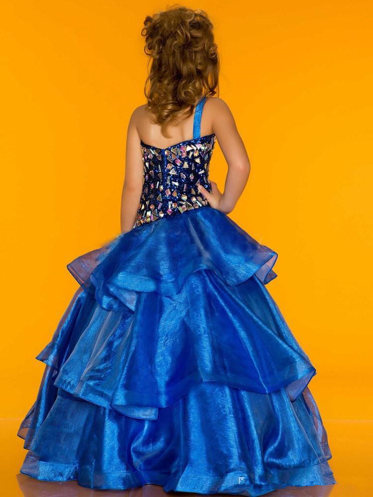 Royal Blue One Shoulder Girl's Pageant Dresses Tiered Organza ...