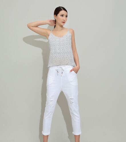 Female Fashion Ha Round Pants White Tether Holes Solid Color Jeans 2017 ...